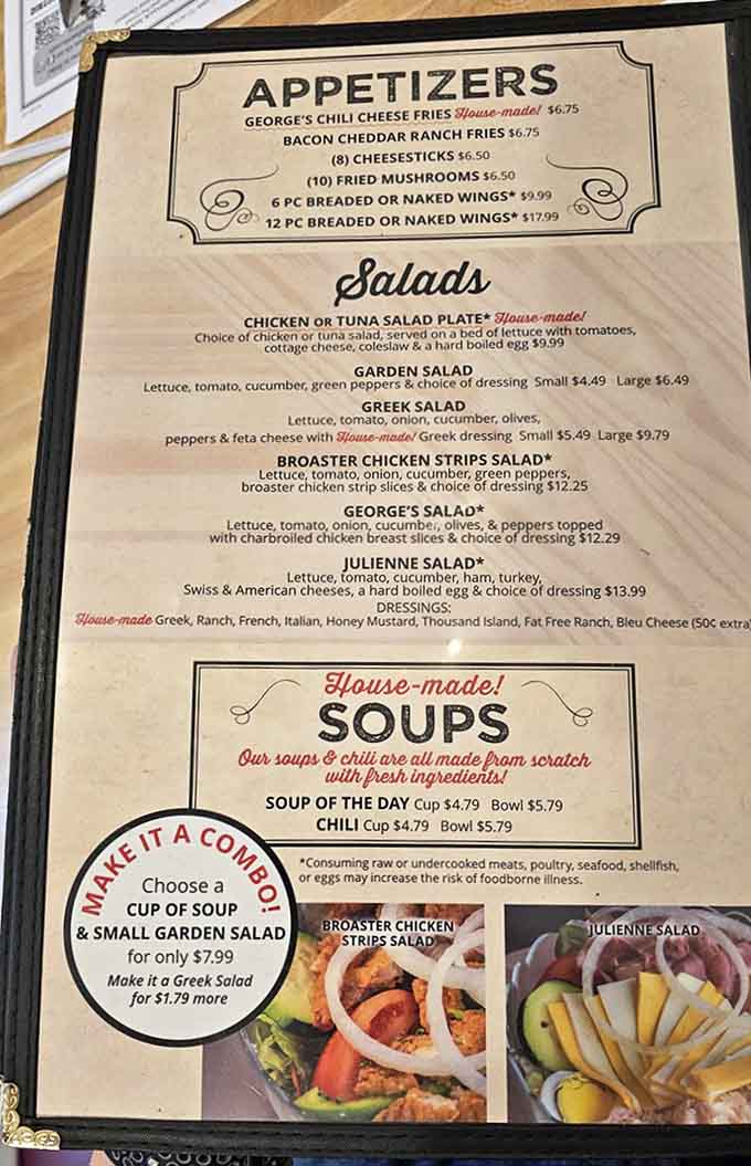 The menu reads like a comfort food love letter, with house specialties that have kept locals coming back for decades.