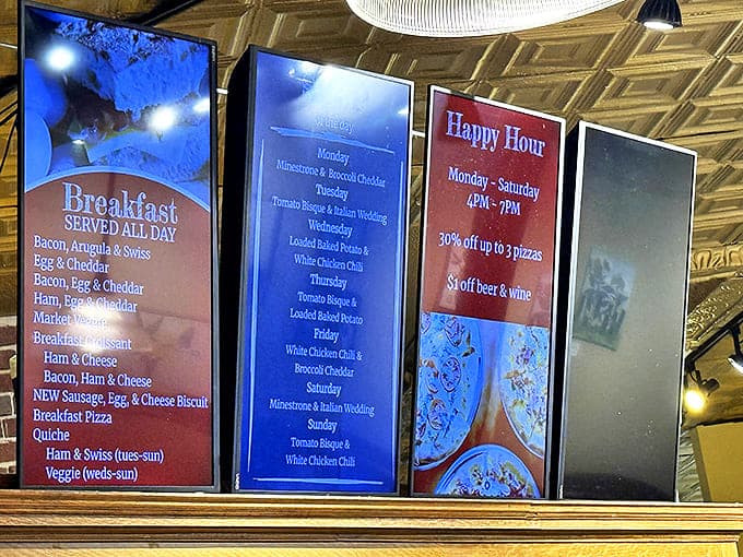 The menu board tempts with breakfast delights and daily soup specials &ndash; decisions, decisions! That breakfast pizza is calling for attention.