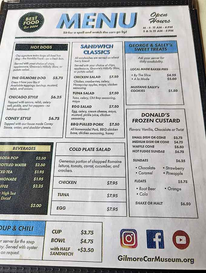 Simple pleasures spelled out in black and white – hot dogs, sandwiches, and frozen custard that prove sometimes the classics need no improvement. A roadmap to satisfaction.