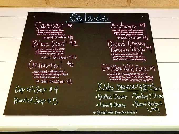 The chalkboard menu promises simple pleasures executed with care, from hearty salads to comforting soups that warm you from the inside out.
