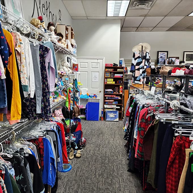 Rack after colorful rack of carefully sorted clothing awaits, proving secondhand doesn't mean second-rate in this bargain paradise.