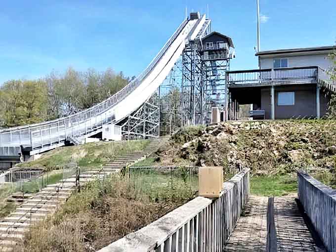 The Pine Mountain Ski Jump stands ready to separate the brave from the sensible, offering views that justify the climb even without jumping.