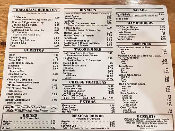 This menu reads like a love letter to Mexican cuisine, offering everything from simple bean burritos to elaborate dinner plates.
