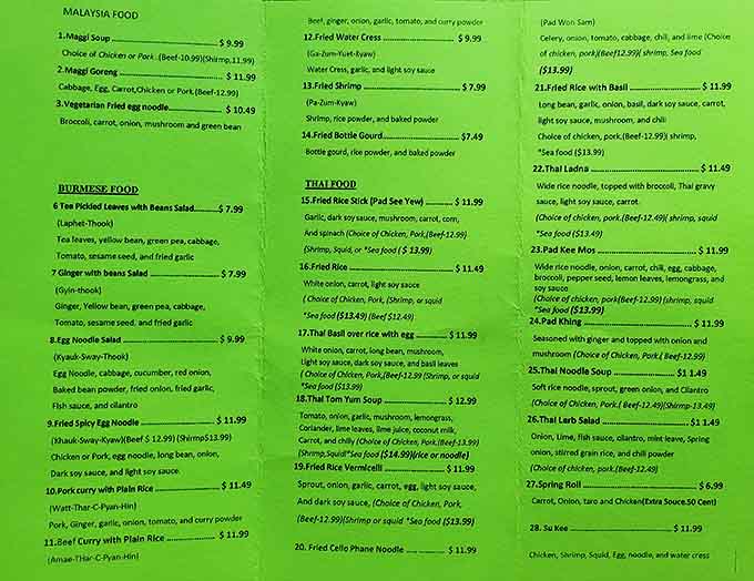 This menu is essentially a passport to Myanmar, Malaysia, and Thailand&mdash;no TSA pat-down required, just an appetite for adventure.