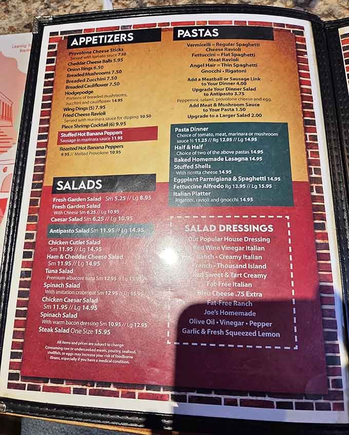 This menu is a masterclass in Italian-American comfort food, offering everything from stuffed shells to veal parmigiana perfection.