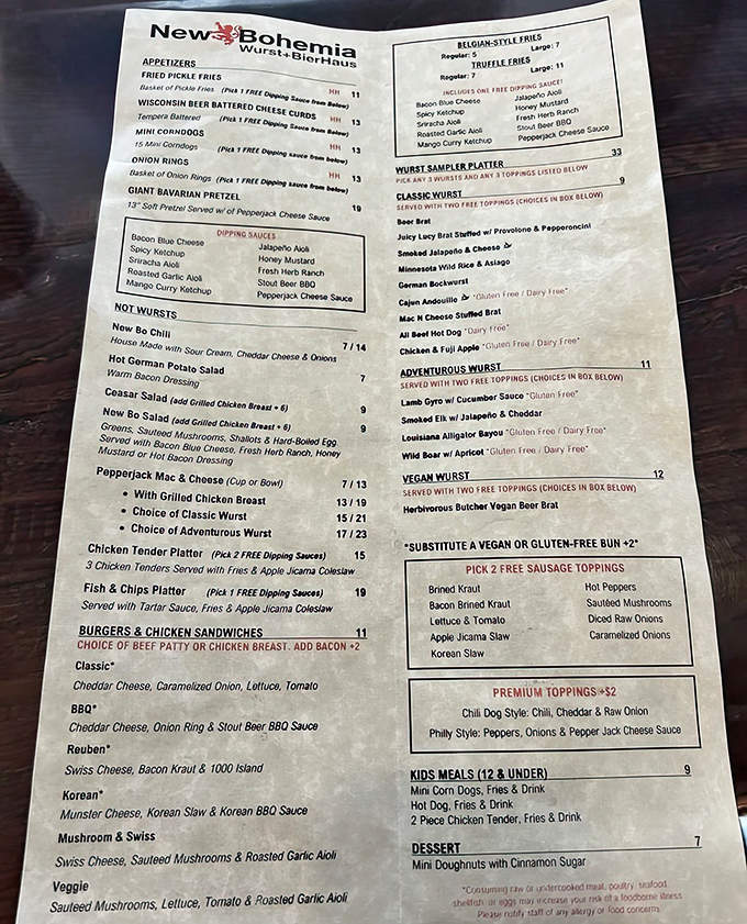 The menu at New Bohemia reads like a love letter to sausage enthusiasts, with options ranging from traditional to adventurously exotic.