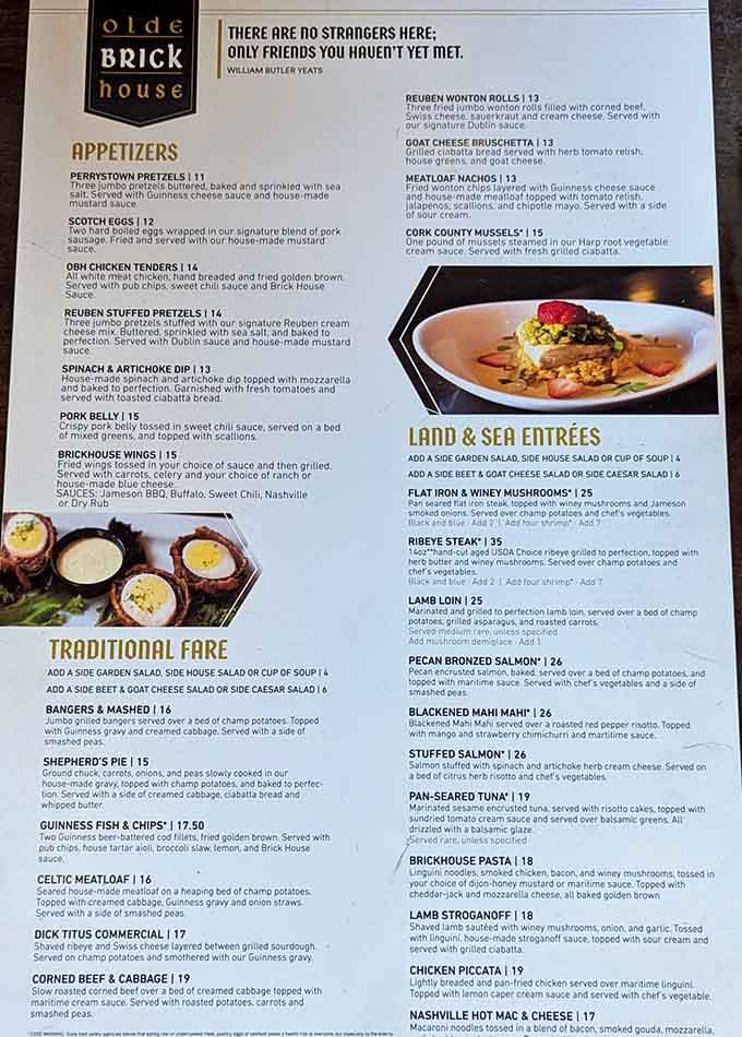 This menu reads like a love letter to both Irish classics and creative American fare, offering something for every appetite.