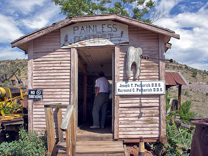 "Painless Dentist" promises relief that frontier patients might have questioned &ndash; a charming glimpse into mining town healthcare.