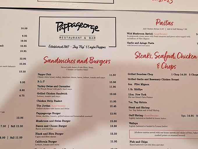 The menu showcases classic American fare with hand-cut steaks taking center stage, like a greatest hits album of comfort food.