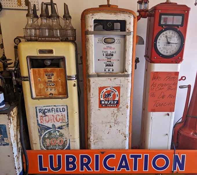 These vintage gas pumps are automotive jewelry, their weathered paint and original graphics worth more than the gas they once dispensed to travelers heading west.