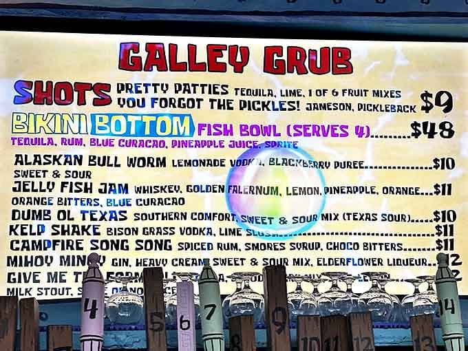 The "Galley Grub" menu features whimsically named concoctions like "Pretty Patties" shots and the shareable "Bikini Bottom Fish Bowl" &ndash; SpongeBob references that would make Poseidon himself thirsty.