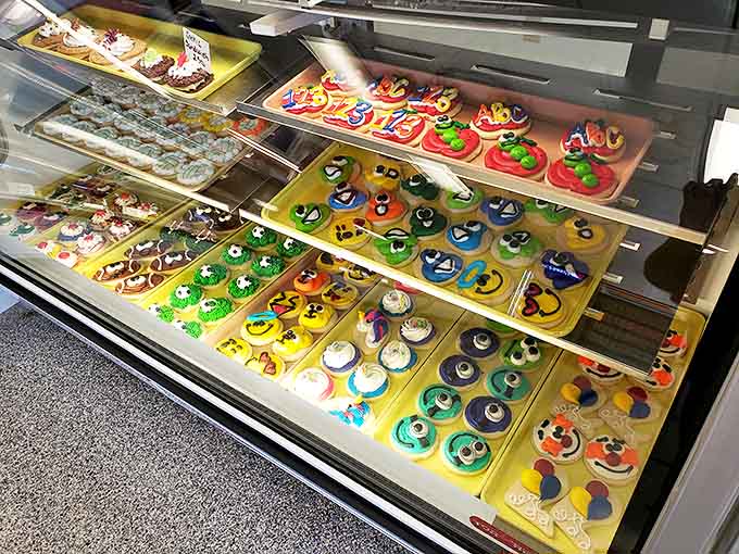 A kaleidoscope of decorated cookies awaits, from playful character designs to seasonal celebrations – each one a tiny canvas showcasing the baker's artistic touch.