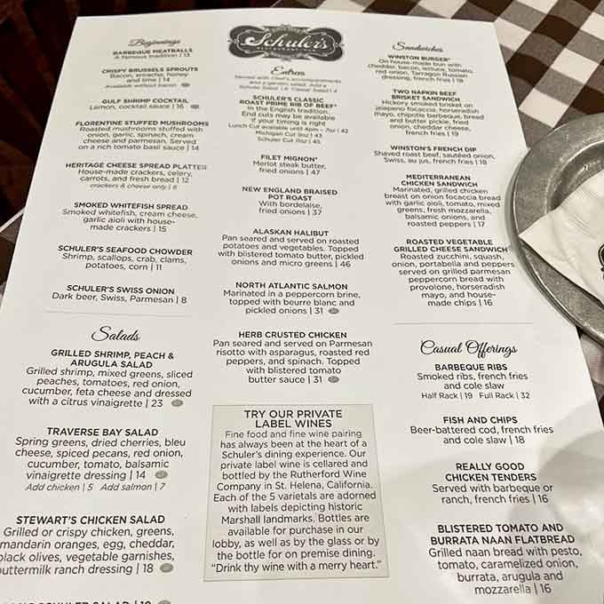 The menu reads like a greatest hits album of classic American cuisine, with prime rib playing the undisputed headliner.