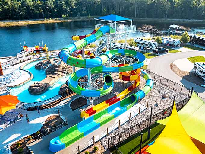 Slide: Gravity and water join forces in a colorful conspiracy to create the perfect soundtrack: children's laughter mixed with adult screams.