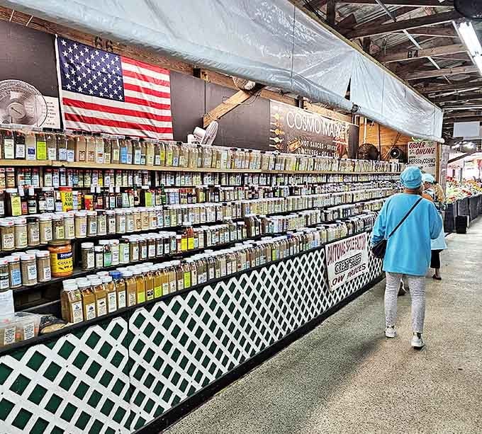 The spice wall at Cosmo Market &ndash; where your nose takes a world tour while your feet stay firmly in Florida.