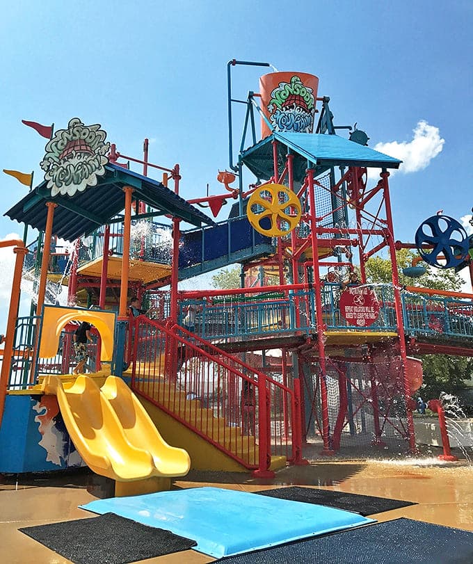 This multi-level splash structure is childhood dreams realized in technicolor &ndash; a water playground where imaginations run as freely as the sprays.