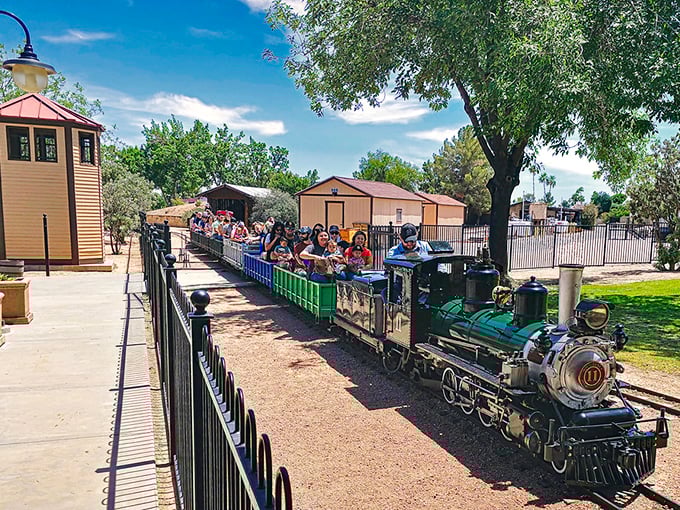 This miniature steam-style locomotive might be small in size, but it delivers jumbo-sized smiles as it chugs along the Paradise & Pacific Railroad.