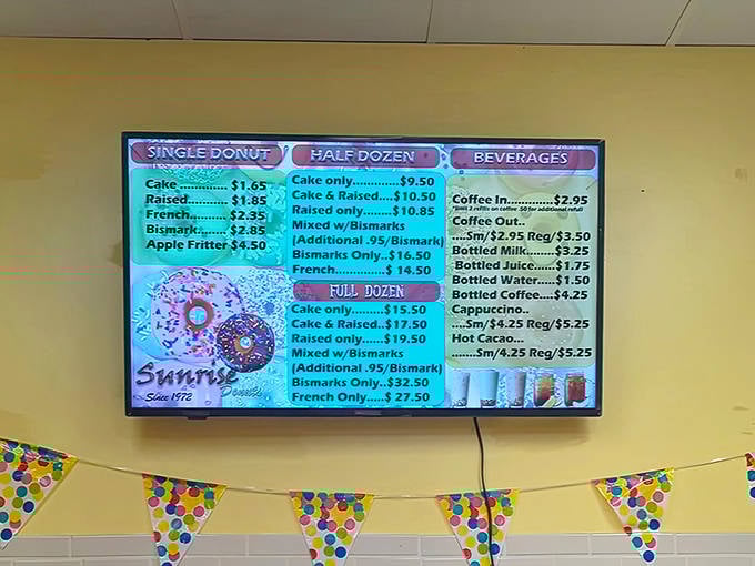 The menu board tells a simple story: classic varieties done right, with those legendary apple fritters taking center stage.