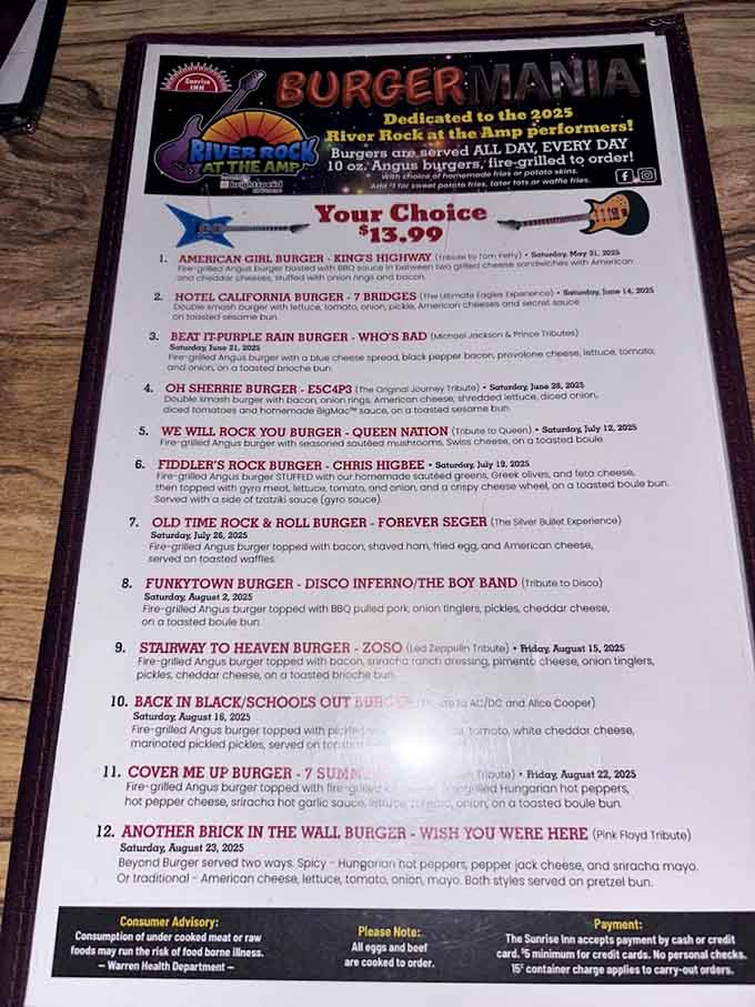 This isn't just a menu, it's a roadmap to burger happiness featuring creative tributes to rock legends and local favorites.