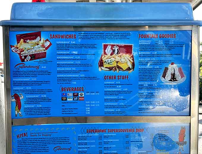 The mouthwatering menu board showcases Superdawg's classics, from their signature hot dogs to shakes and burgers that have satisfied Chicagoans for generations.