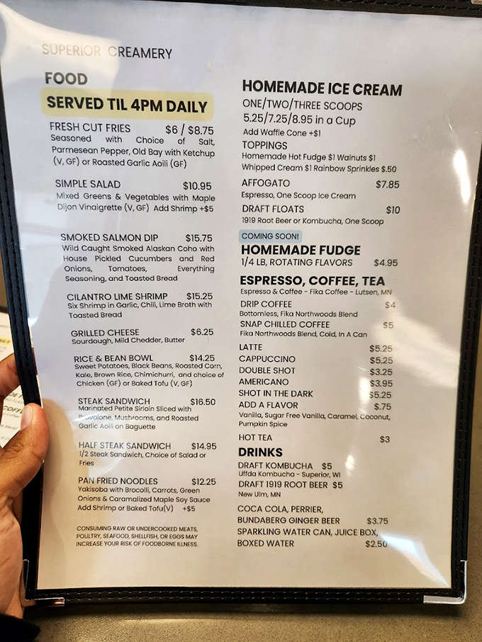 This isn't your average ice cream shop menu! From steak sandwiches to cilantro lime shrimp, Superior Creamery refuses to be pigeonholed.