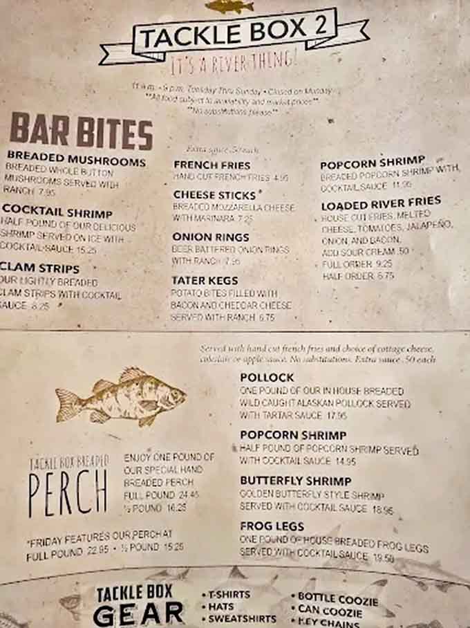 The menu at Tackle Box 2 proudly declares "It's a River Thing!" with freshwater favorites like perch and pollock stealing the spotlight.