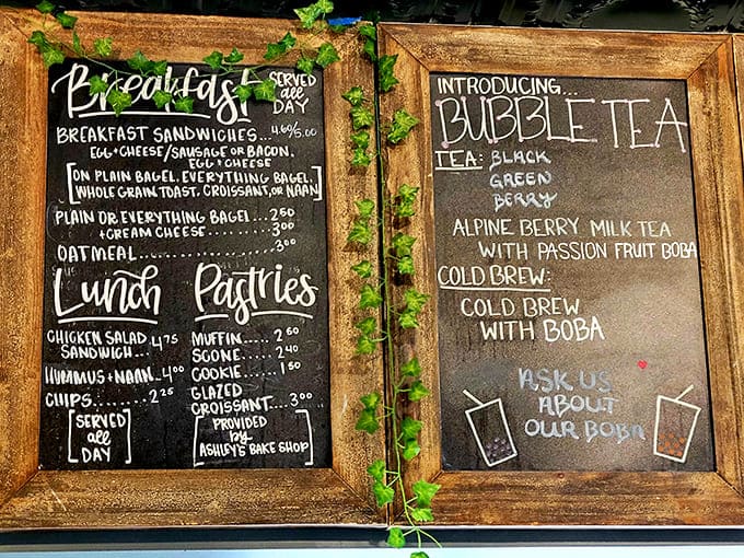 The menu board displays breakfast sandwiches, lunch options, pastries, and bubble tea, because variety is the spice of caffeinated life.
