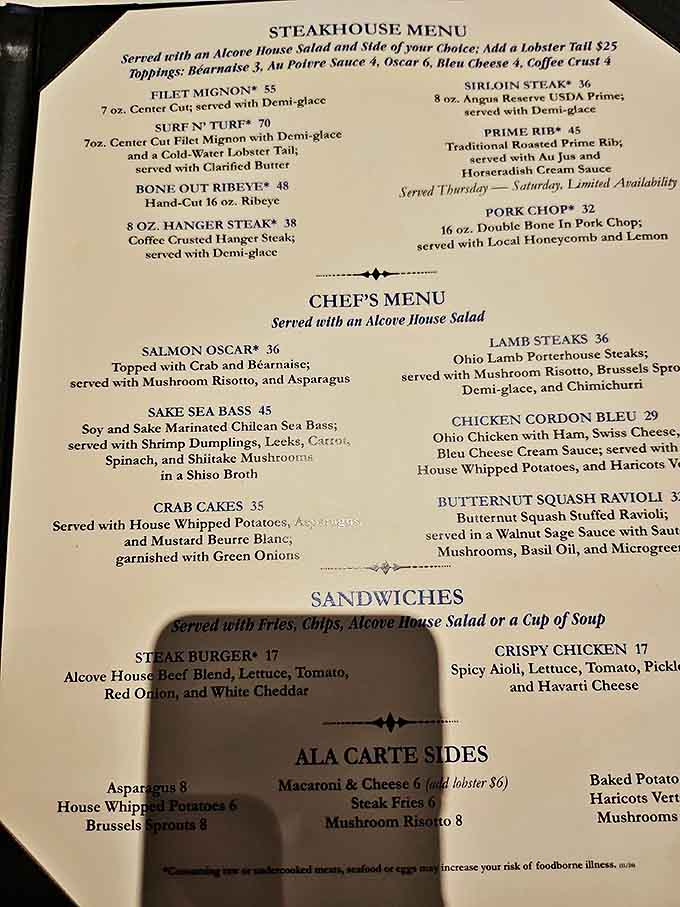 The menu reads like a love letter to classic American cuisine, with the prime rib stealing the spotlight among worthy contenders.