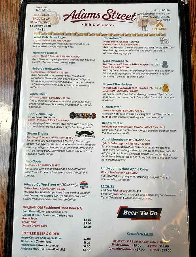 This beer menu reads like a love letter to hops, featuring craft brews that change with the seasons.