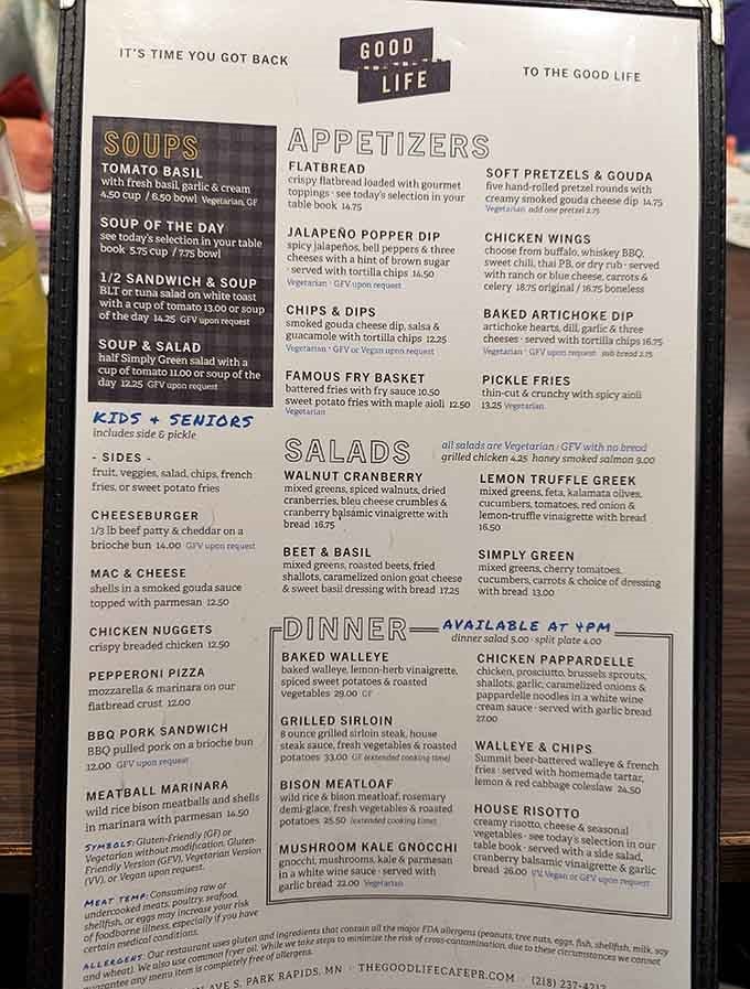 This menu reads like a love letter to comfort food, featuring everything from walleye tacos to bison meatloaf and enough variety to keep everyone happy.