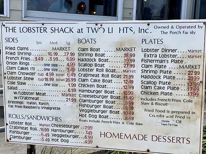 The menu board displays an array of seafood options, but regulars know the lobster stew is the real star.