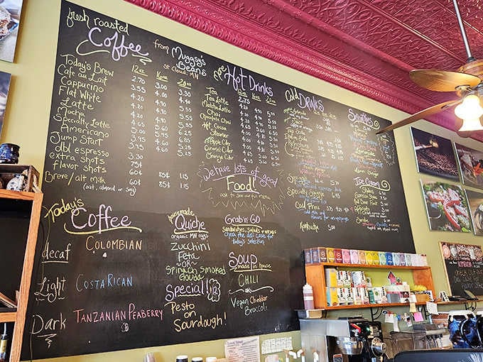 The chalkboard menu reads like a love letter to coffee and quiche enthusiasts&mdash;Tanzanian dark roast, anyone? Decisions, decisions!