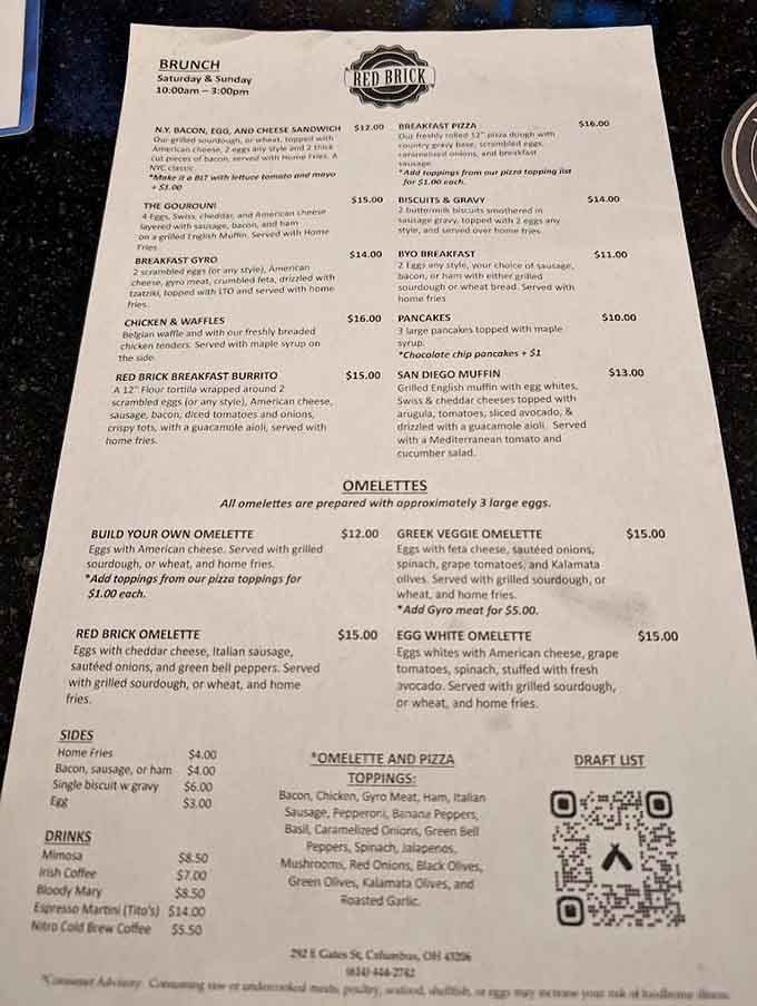 This menu is your roadmap to happiness, featuring everything from breakfast pizza to those legendary gyro rolls that'll haunt your dreams.