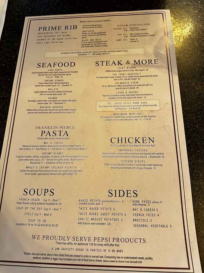 This menu reads like a love letter to American classics, featuring everything from prime rib to pasta with zero pretension.