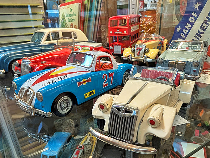 Miniature automotive dreams line this display case – each tiny vehicle carrying big memories of childhood playtimes and America's love affair with the open road.