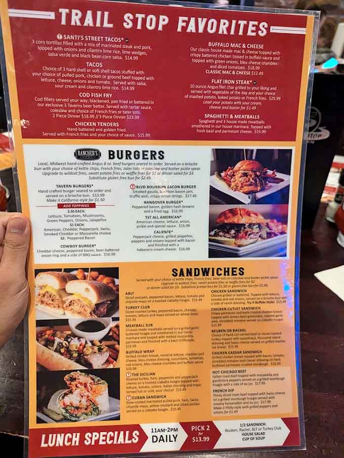 This menu reads like a love letter to comfort food, offering everything from street tacos to burgers that could make a vegetarian reconsider.