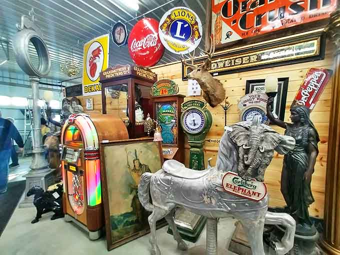 Vintage signs and carnival treasures compete for attention, with a classic carousel horse stealing the spotlight among neon-lit memories.