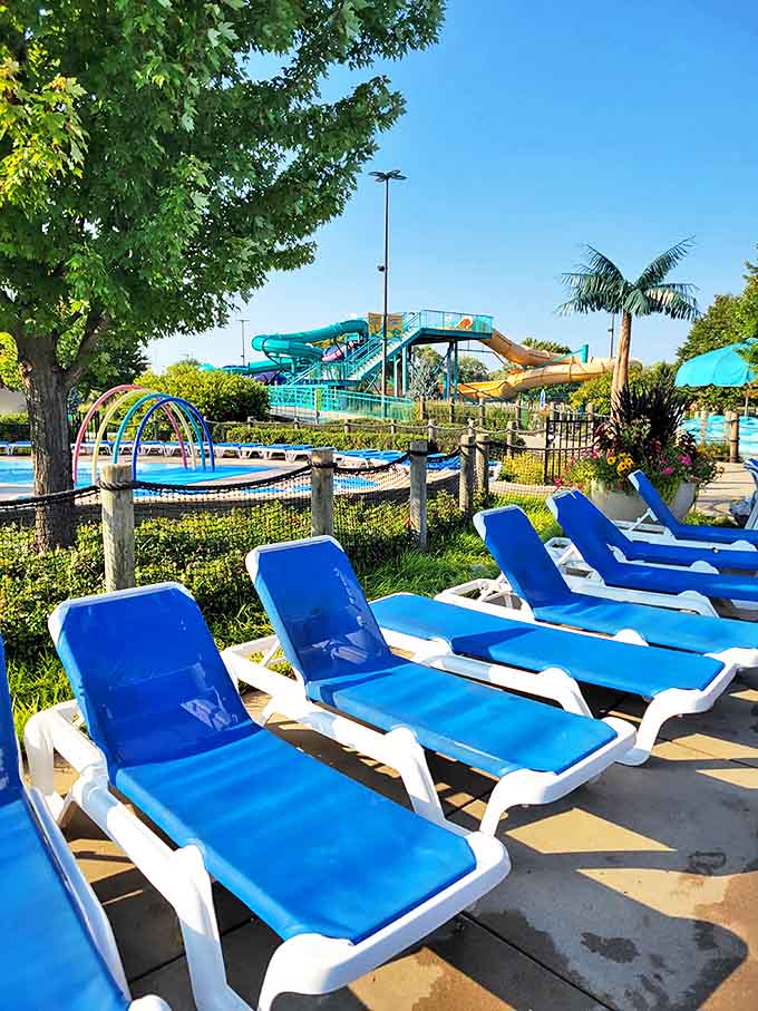 Bright lounge chairs and winding slides create a waterpark escape that feels fun and surprisingly tropical.