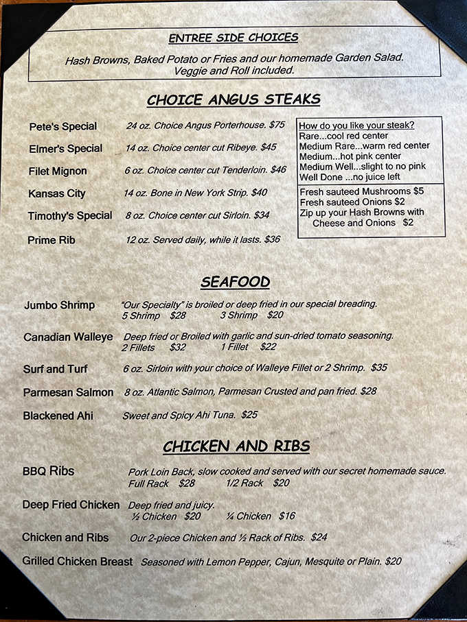 A menu that means business &ndash; no fancy descriptions needed when the food speaks this eloquently. Pete's Special porterhouse could feed a lumberjack after a day's work.