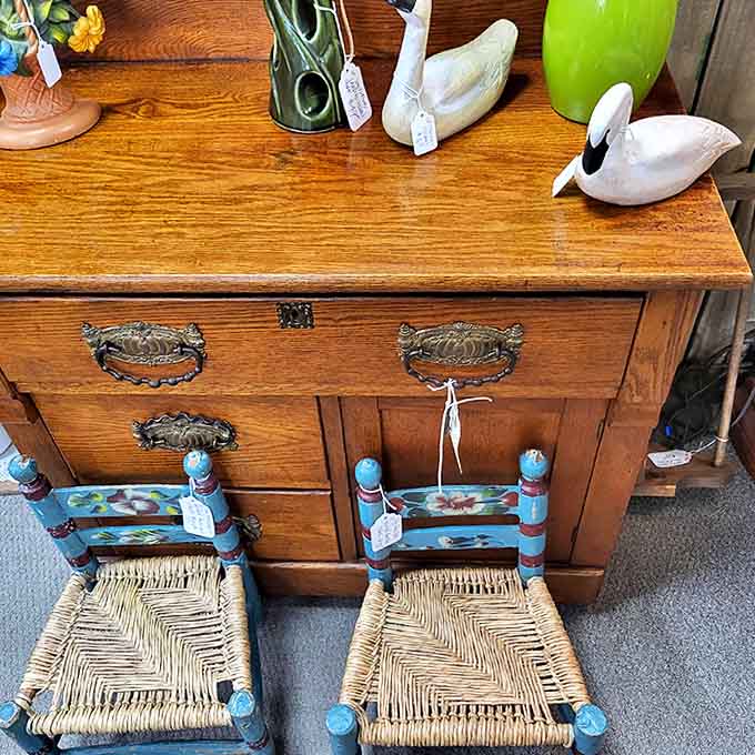 These miniature chairs aren't just furniture; they're time machines to childhood tea parties and bedtime stories from a gentler era.