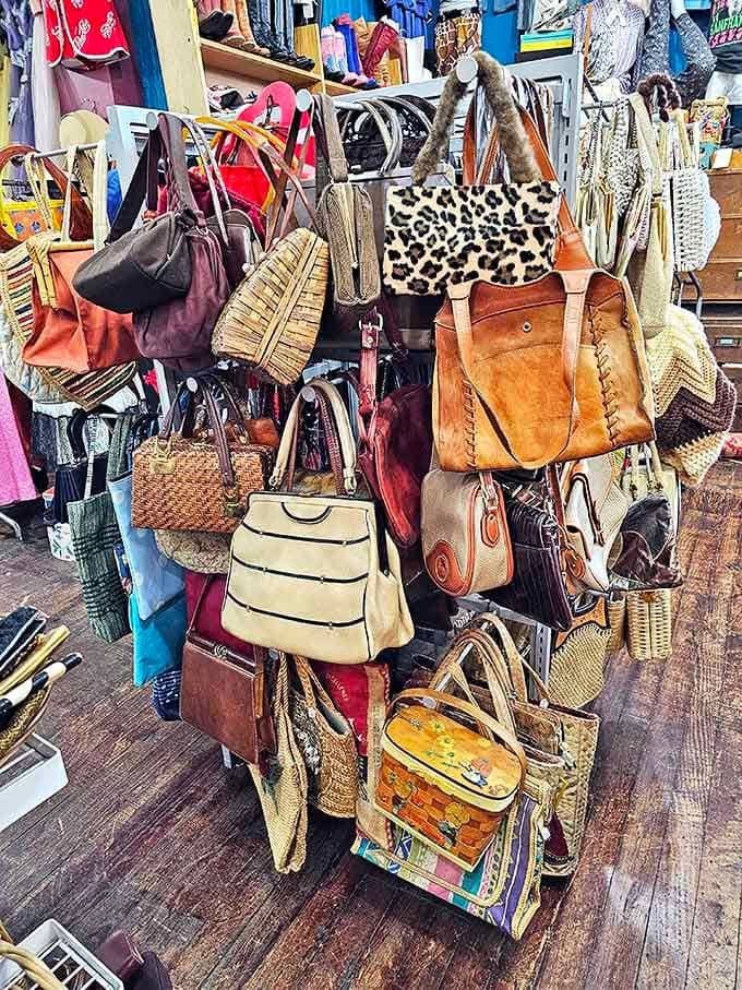 The handbag collection spans decades of design &ndash; from structured 1950s classics to bohemian 1970s wicker baskets with floral embellishments.