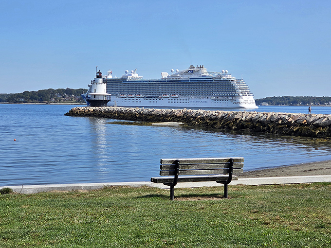 A peaceful bench awaits visitors, offering front-row seats to the maritime parade of cruise ships passing the lighthouse on their harbor journey.