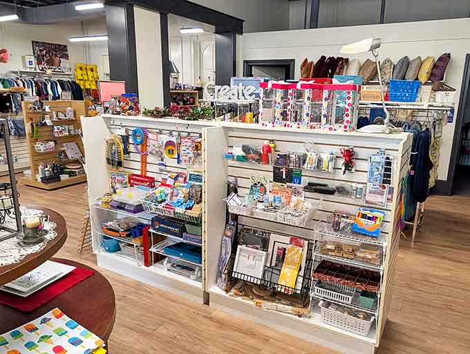 Crafting supplies and knickknacks arranged with loving care &ndash; because someone's discarded craft supplies are another person's next masterpiece waiting to happen.