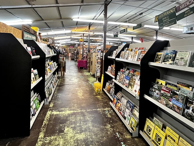 Narrow pathways between towering shelves create a literary maze where getting lost is half the fun.