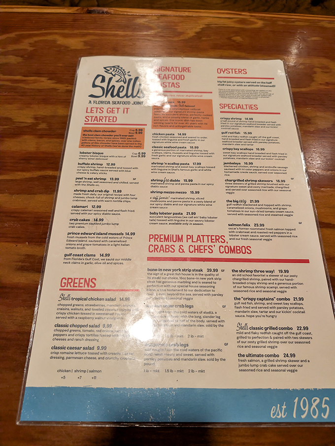 A menu that reads like a love letter to the ocean, featuring everything from classic fried favorites to sophisticated seafood pasta creations.