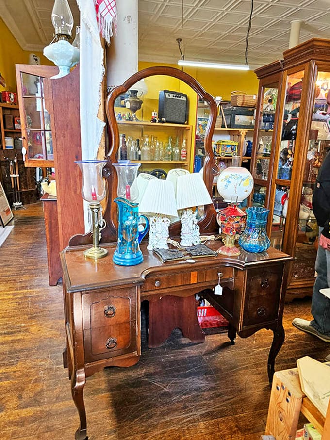 This elegant vanity with mirror doesn't just reflect your face &ndash; it reflects decades of morning routines and evening preparations from another era.