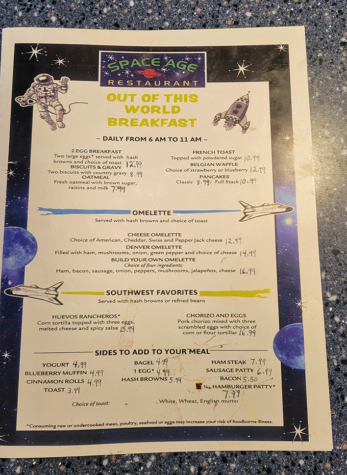The "Out of This World Breakfast" menu offers earthly delights with celestial names, from classic eggs to Southwest specialties that launch taste buds into orbit.