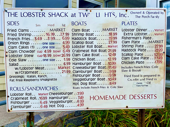 The menu board – a treasure map where X marks the spot for lobster feasts and that legendary strawberry rhubarb pie.