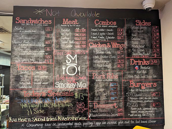 The sprawling chalkboard menu tells a delicious story in colorful chalk, with temptations from sandwiches to combo plates.