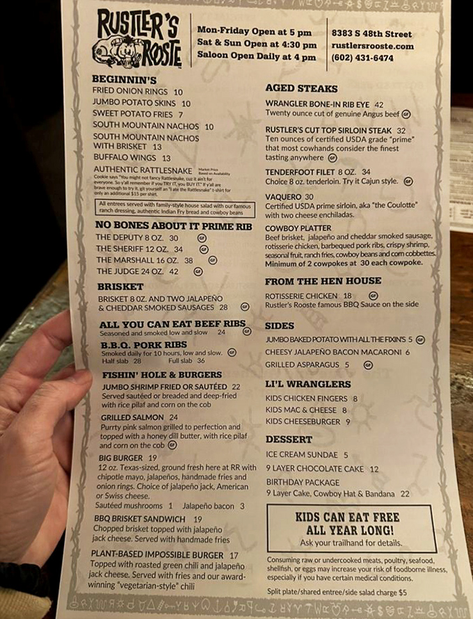 The menu reads like a carnivore's dream journal – from "The Deputy" prime rib to rattlesnake appetizers that dare you to embrace your wild side.